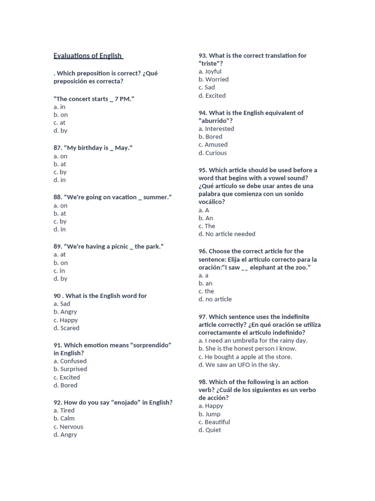 English Prepositions and Vocabulary Quiz | PDF | Languages | Foreign ...