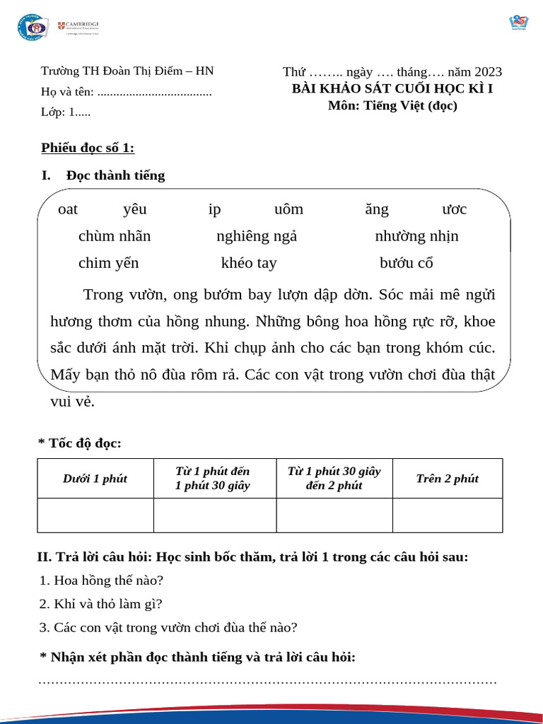 (23 - 24) Đề Nguồn Bài Kiểm Tra Tiếng Việt CK1 | PDF