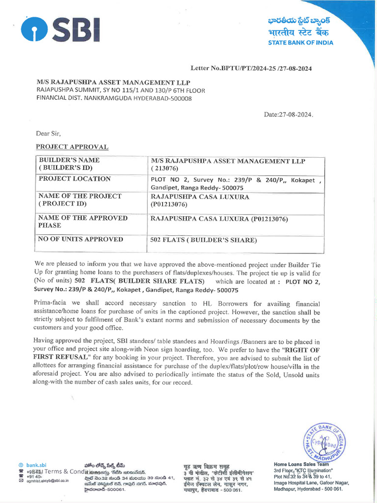 Sbi Casa Luxura Apf Letter | PDF