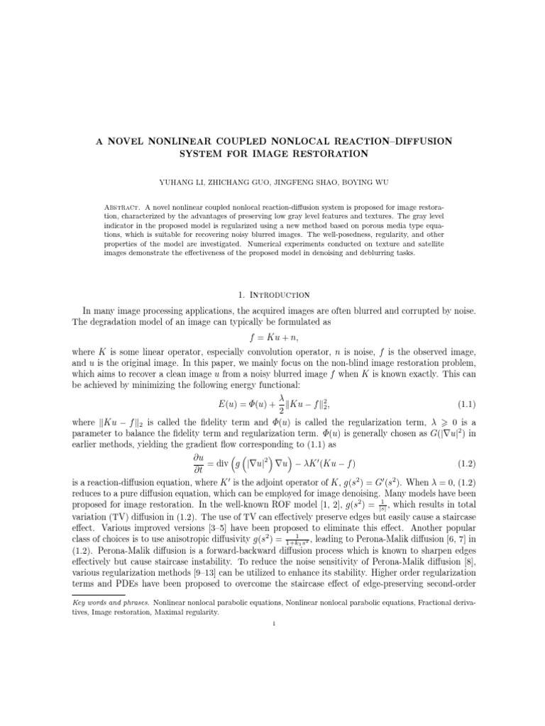 On a nonlinear nonlocal reaction-diffusion system applied to image restoration | PDF | Partial ...