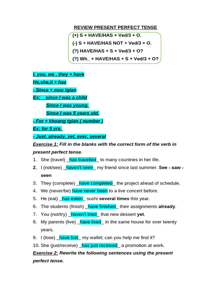 REVIEW PRESENT PERFECT TENSE | PDF