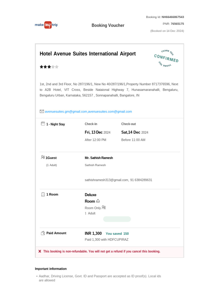 Agoda Hotel Booking Confirmation | PDF