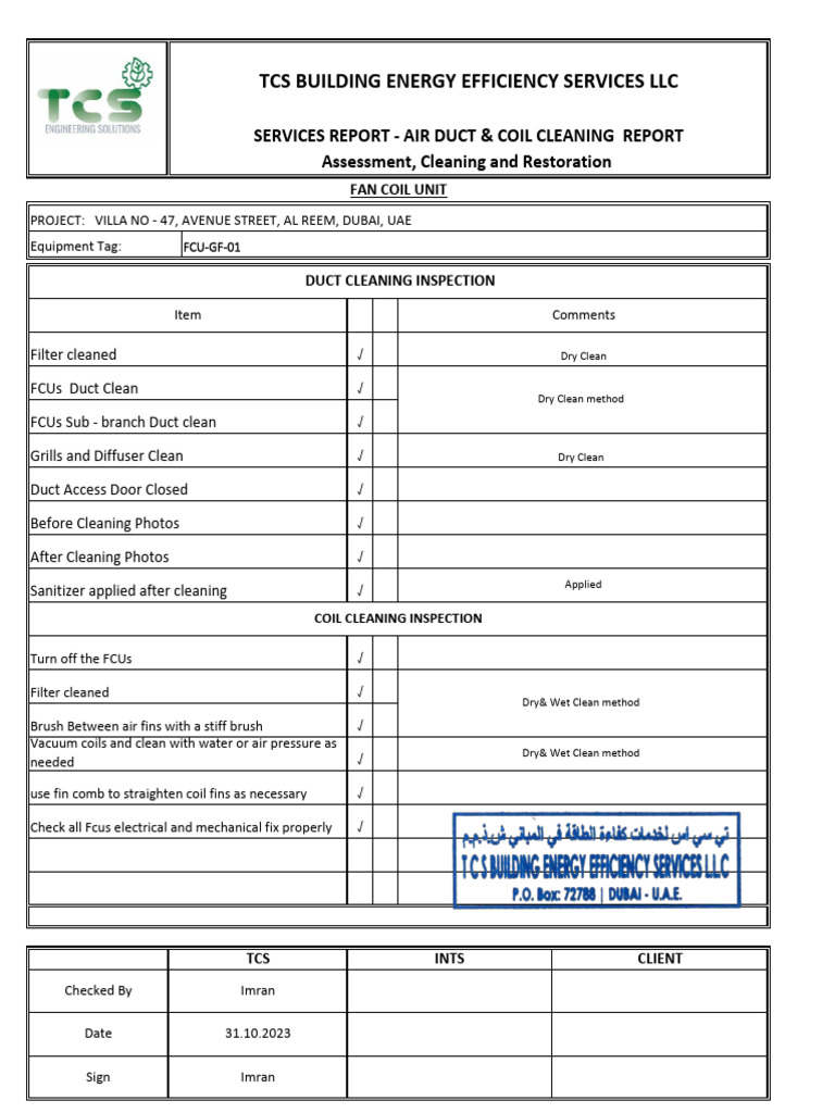 Duct cleaning Report (1) | PDF | Duct (Flow) | Temperature