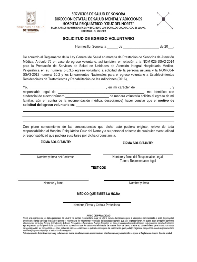 Formato Solicitud de Egreso Voluntario | PDF | Hospital | Documento de ...