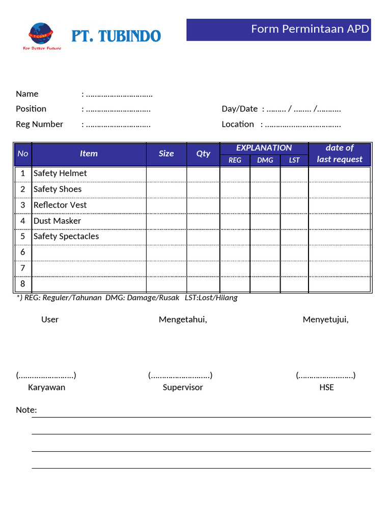 MT-03.HSE-FRM-0003 Form Permintaan APD | PDF