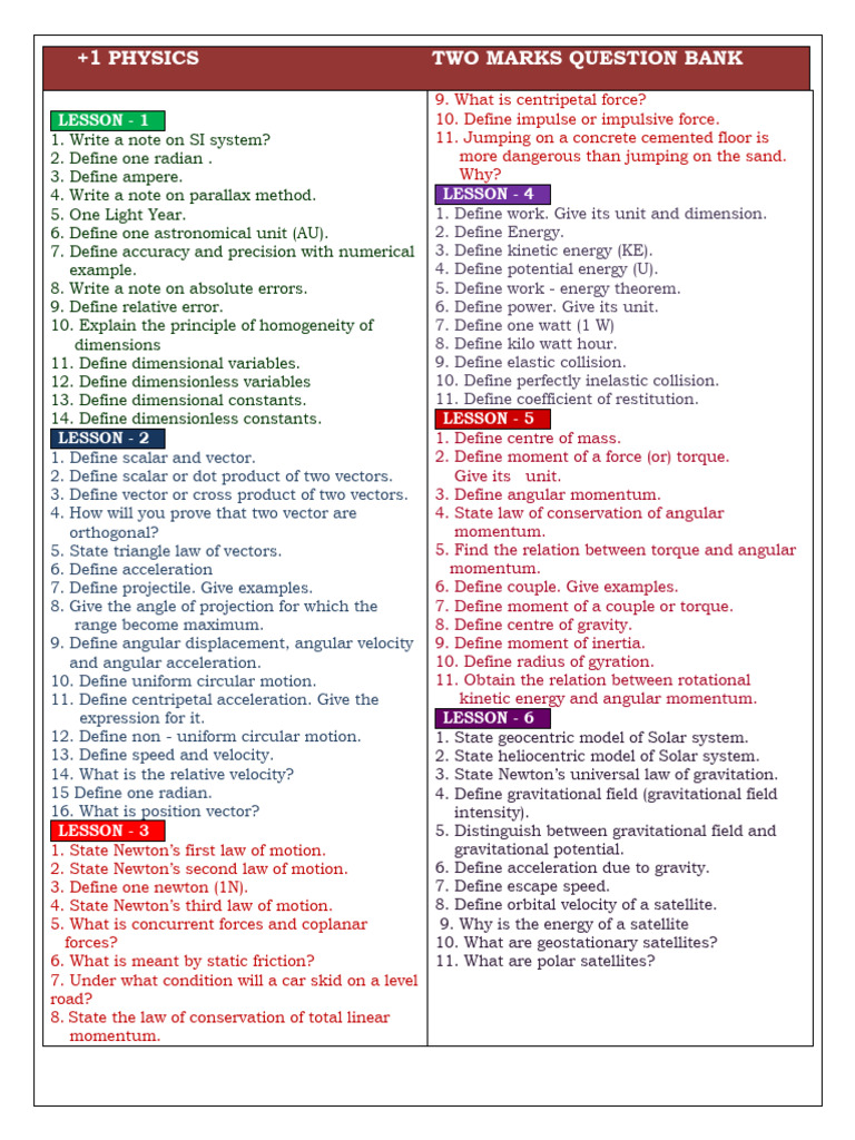 +1 Two Marks Qb Em-1 | PDF | Torque | Force