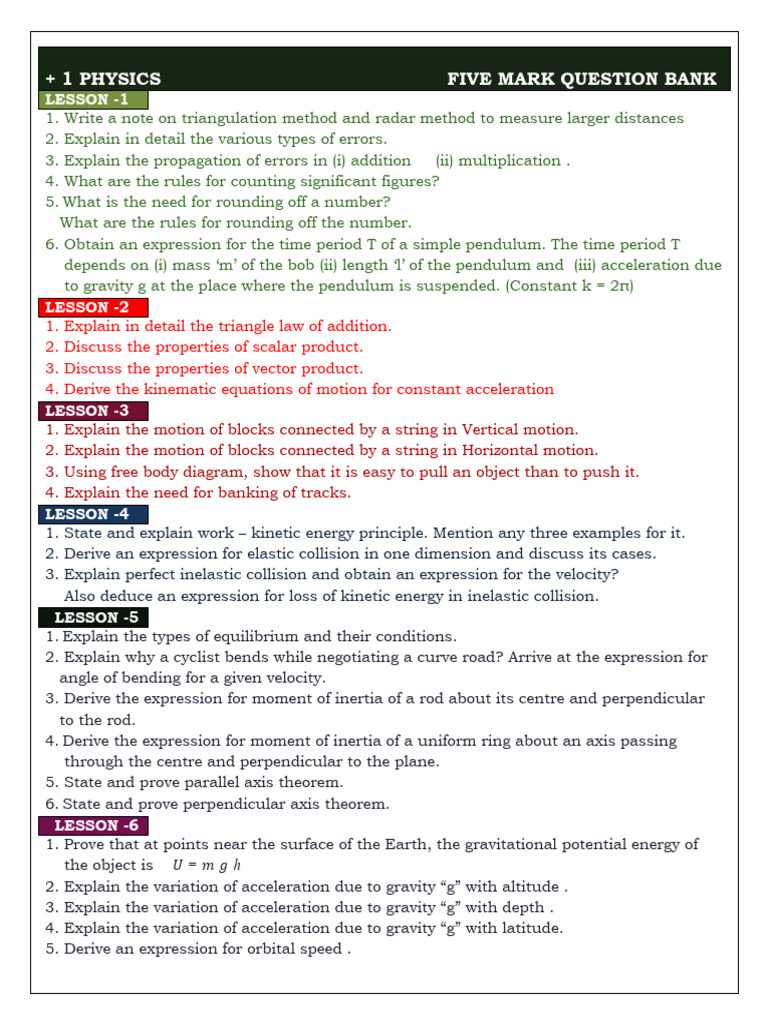 +1 FIVE MARKS QB EM-1 | PDF | Collision | Pendulum +1 FIVE MARKS QB EM-1 | PDF | Collision | Pendulum