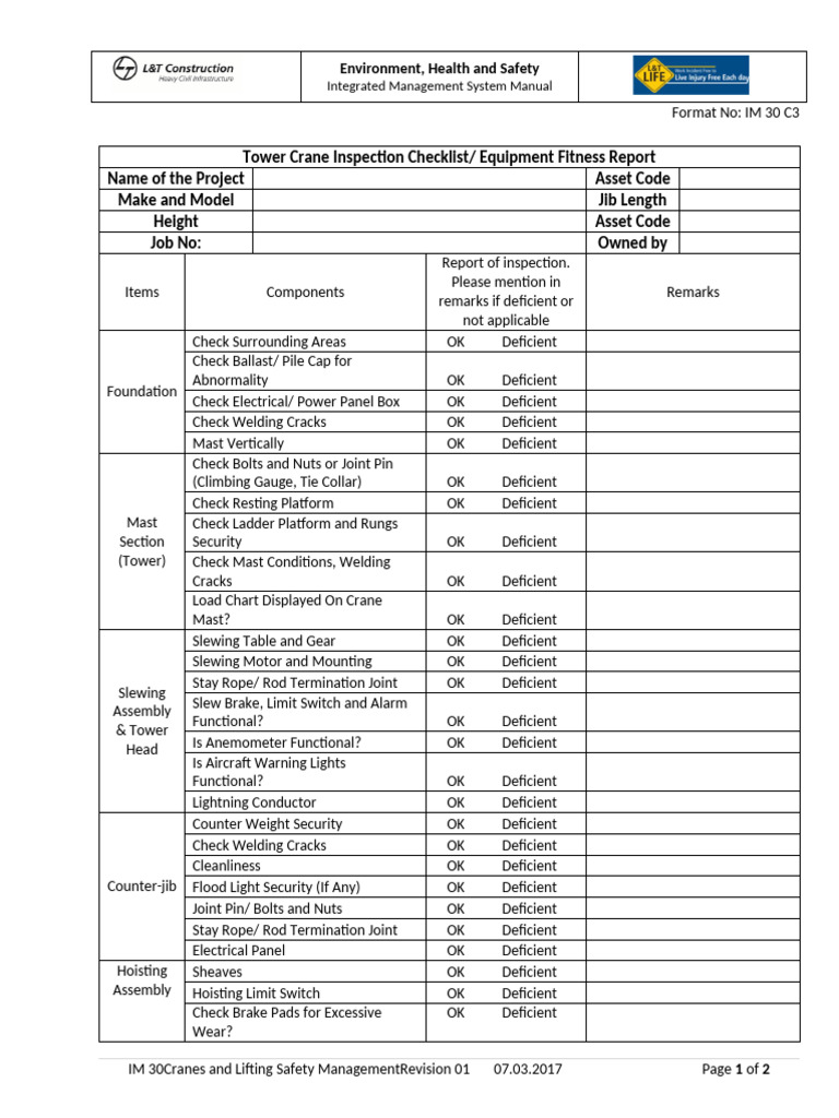 IM 30 C3 - Tower Crane Monthly Inspection Checklist | PDF | Crane ...