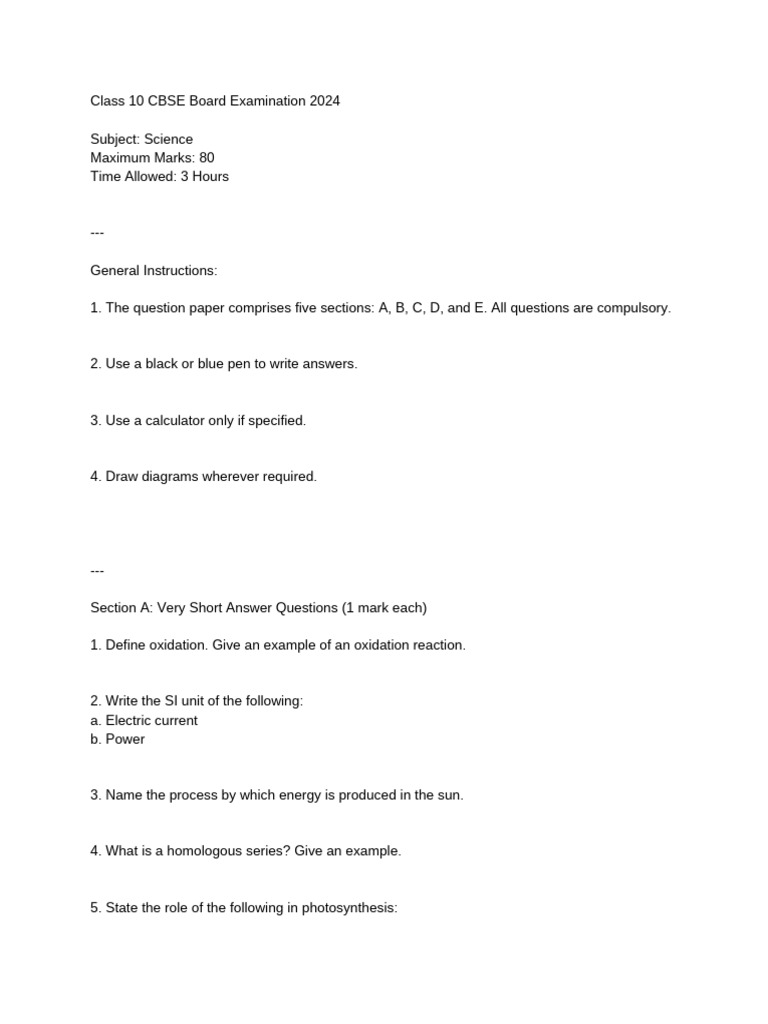 Class 10 CBSE Board Examination 2024 | PDF | Acid | Water