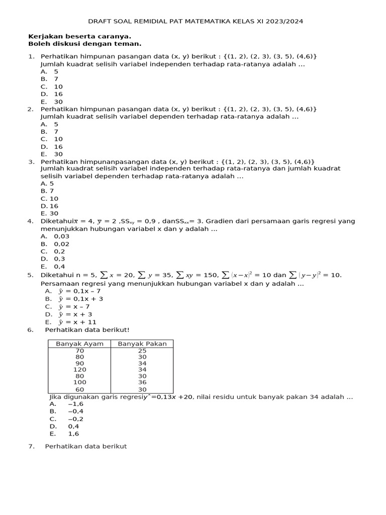 Xi - Soal Remidial Pat Matematika 2023 - 2024 | PDF