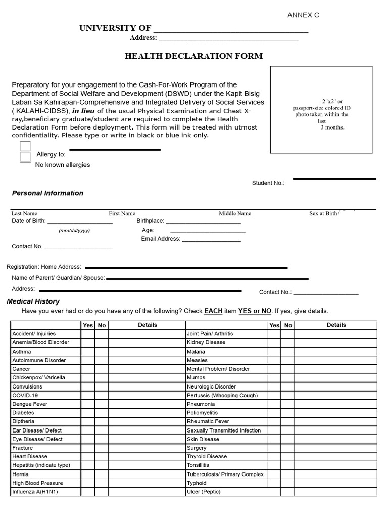 Annex C - Health Declaration Form | PDF | Informed Consent | Health ...