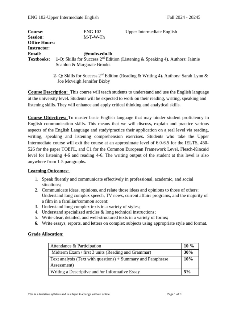 ENG 102 Fall 2025 Outline | PDF | English Language | Vocabulary