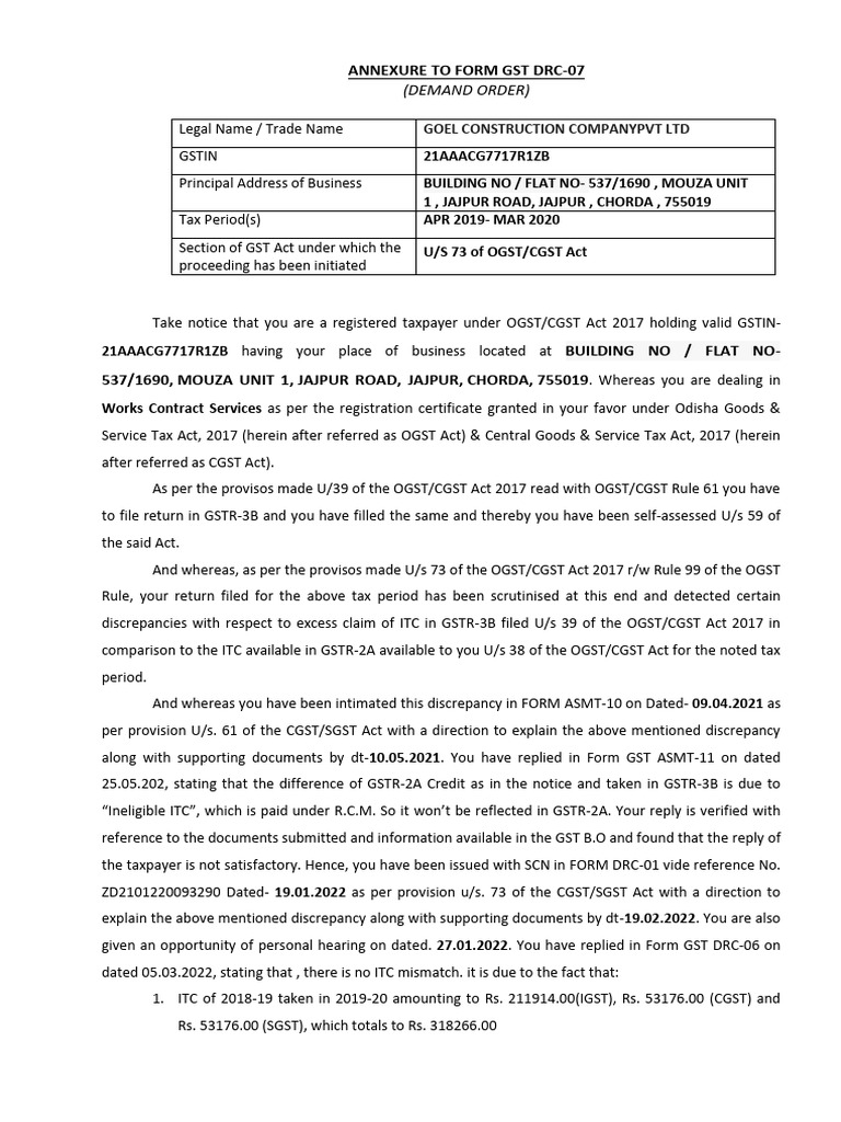 GST DRC-07 Demand Order Summary | PDF | Taxes | Government Finances