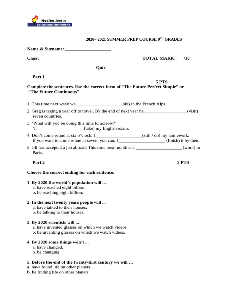 Lesson 2-Quiz-Future Progressive Vs Future Perfect | PDF