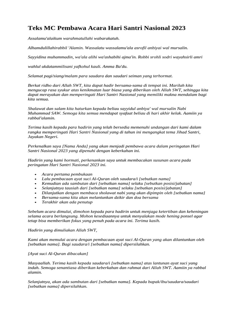 Teks MC Pembawa Acara Hari Santri Nasional 2023 | PDF