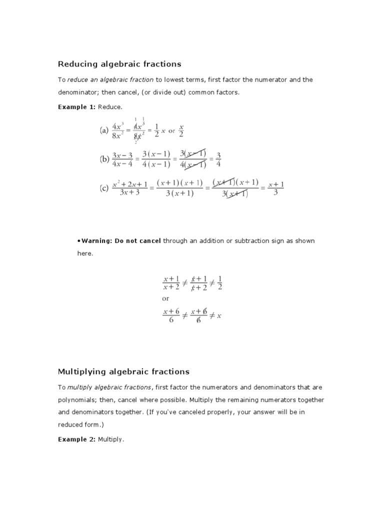 Reducing Algebraic Fractions: Example 1: Reduce | Download Free PDF ...