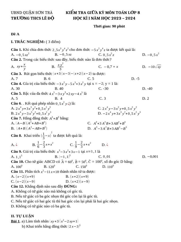 đề ôn tập GK1 toán 8 - đã đánh máy | PDF