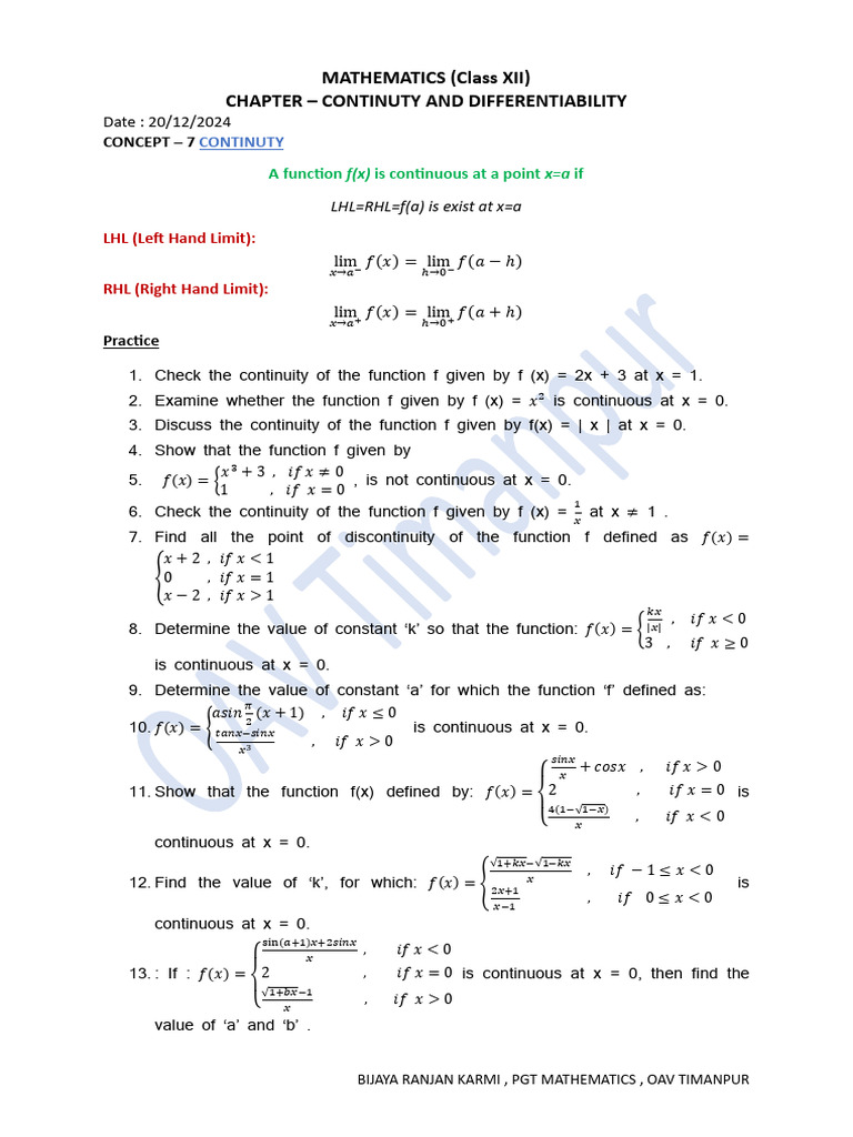 Continuity and Differentiability Concepts | PDF | Continuous Function ...