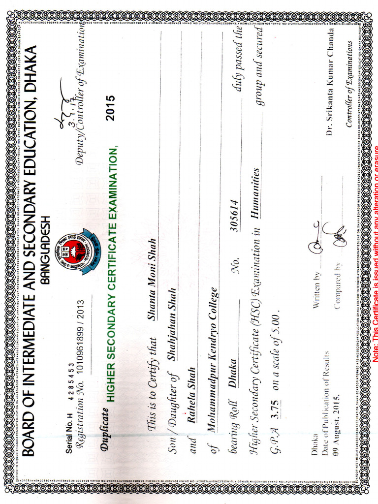 Hsc Certificate | PDF