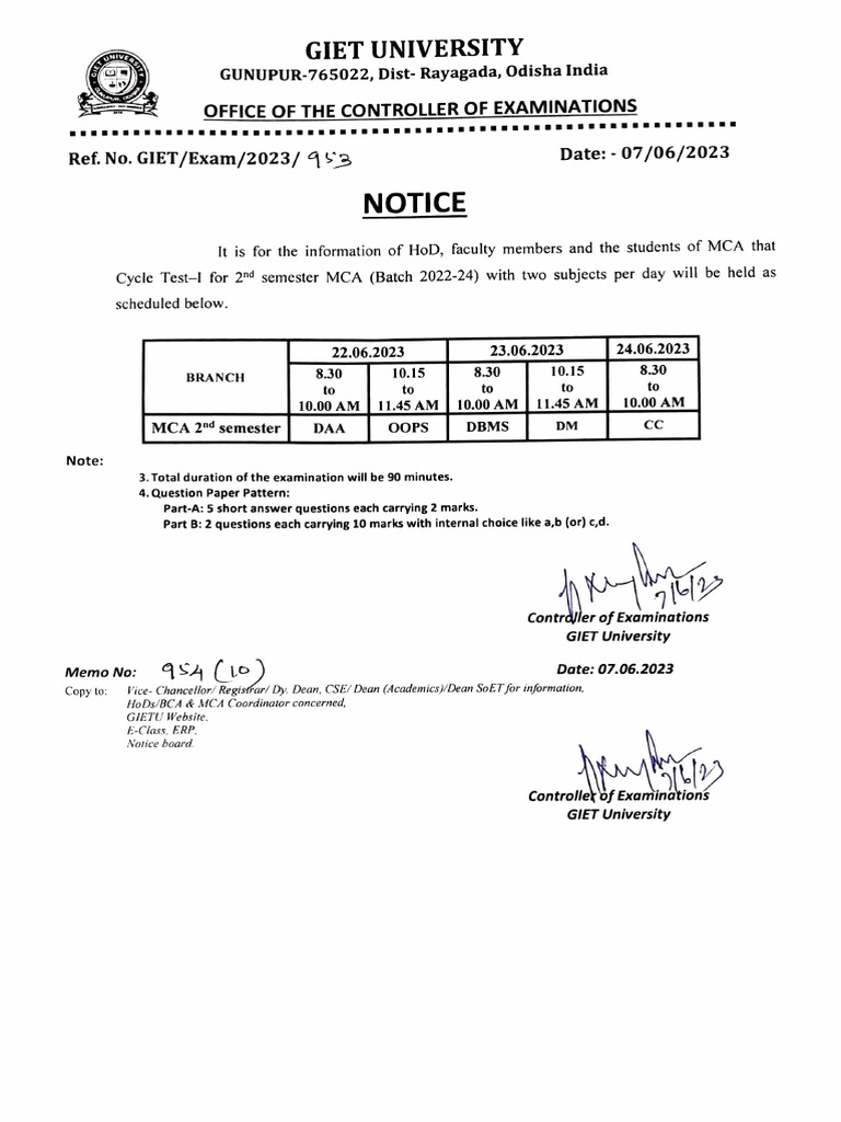 MCA 2nd Semester (2022 - 2025 Batch) Cycle Test-I Schedule | PDF
