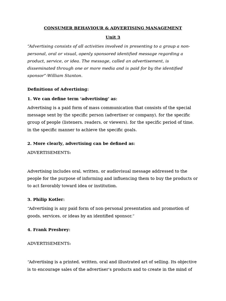 Consumer Behaviour & Advertising Management Unit 3 | PDF | Advertising ...