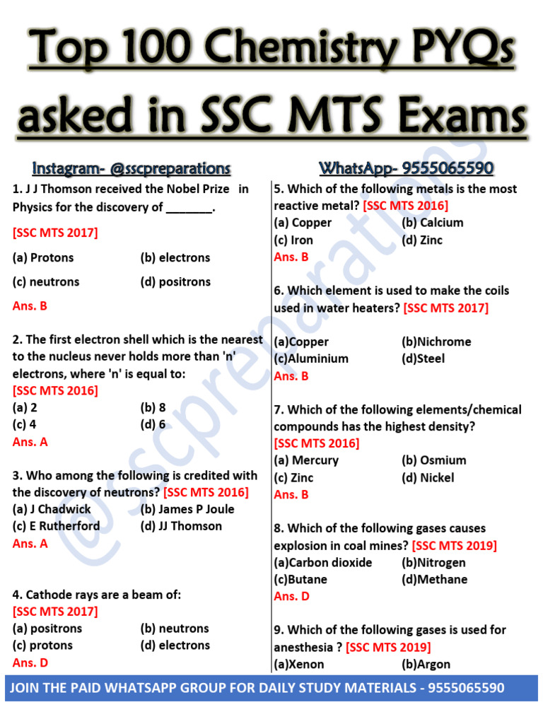 SSC MTS Science Quiz Questions | PDF | Chemical Elements | Metals