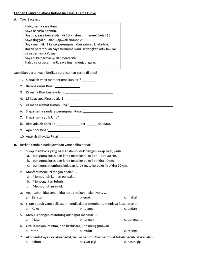 Latihan Ulangan BI Tema Diriku Kelas 1 | PDF