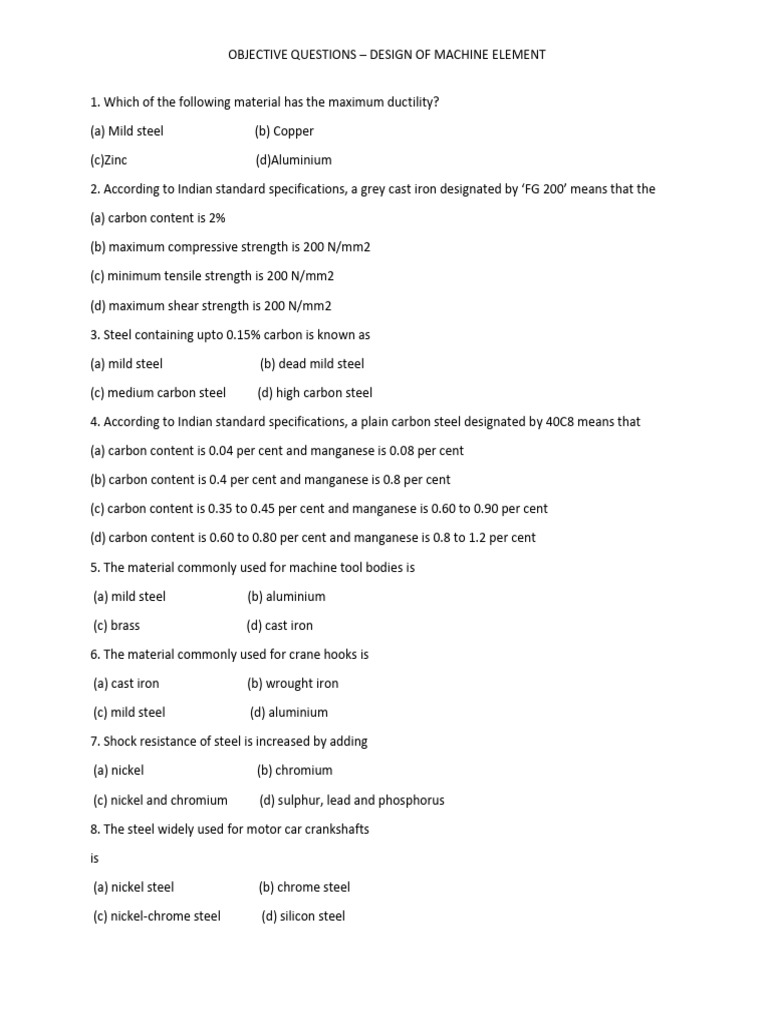 Machine Element Design Quiz | PDF | Steel | Cast Iron