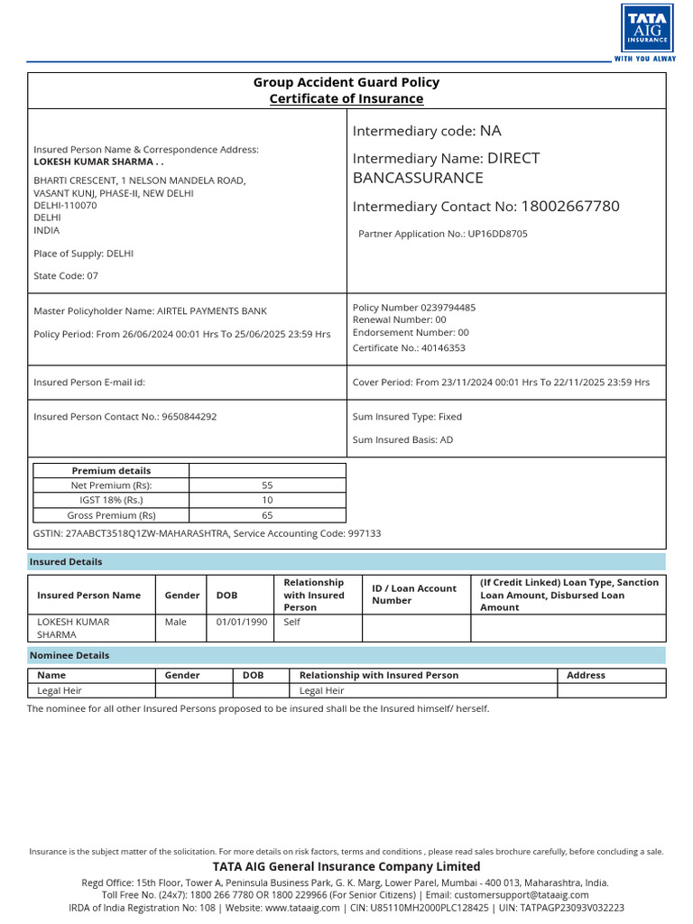 NA Direct Bancassurance 18002667780: Intermediary Code: Intermediary ...