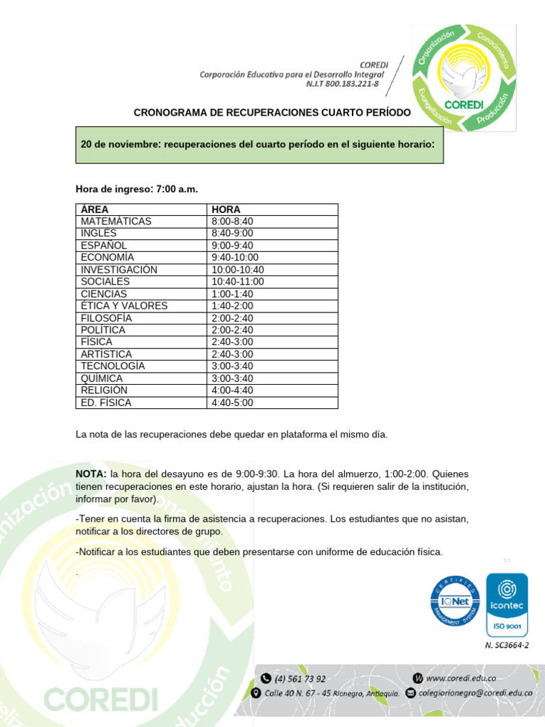 Cronograma de Recuperaciones Cuarto Perã - Odo | PDF