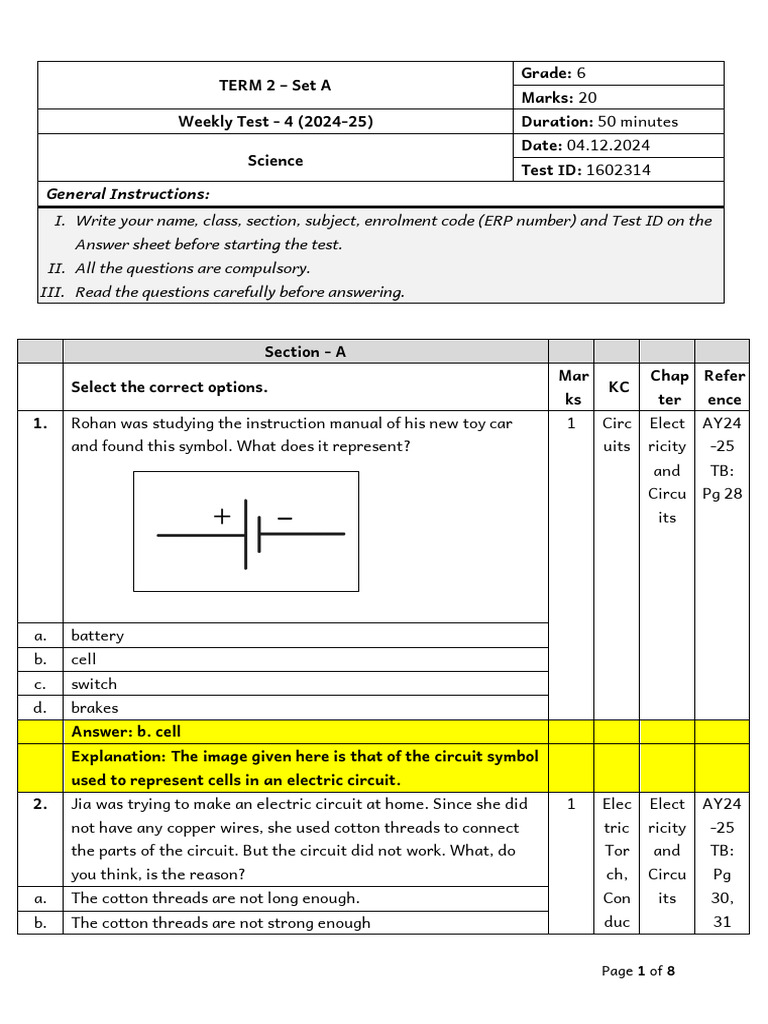 Grade 6 Science Test | PDF | Vertebral Column | Switch