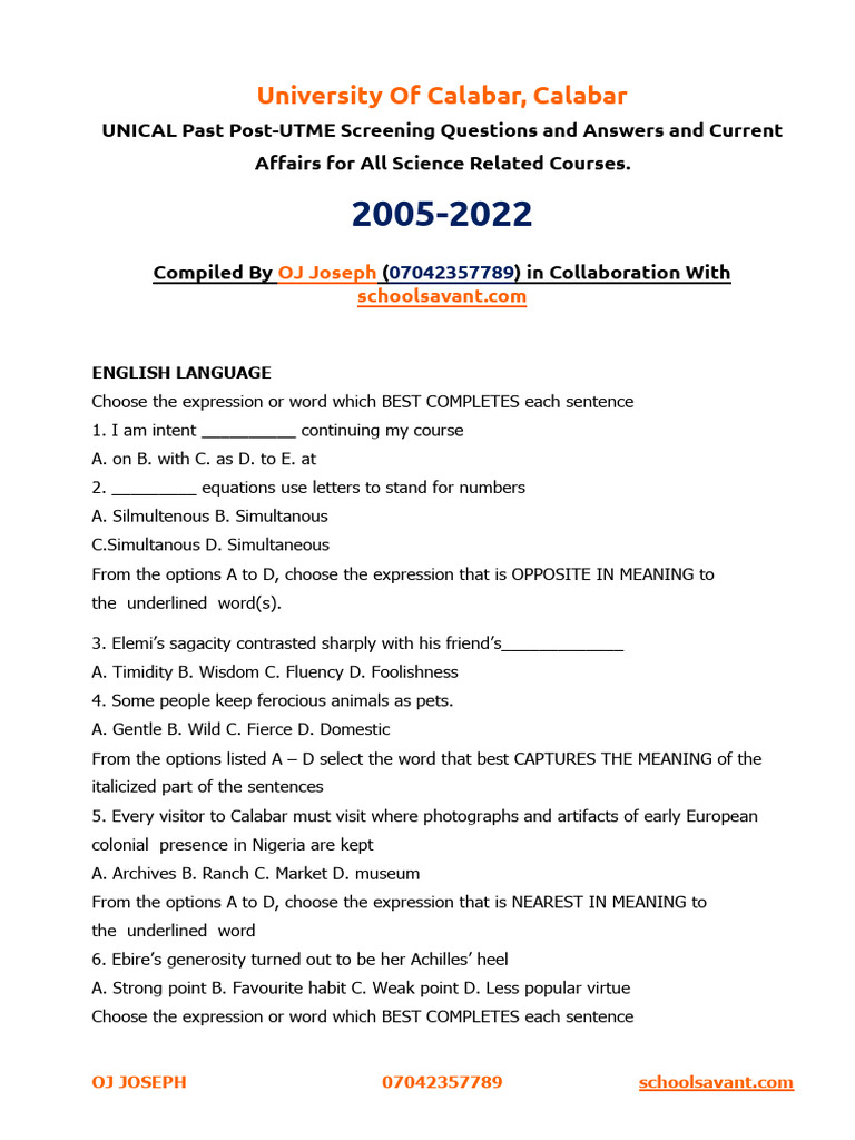 UNICAL Science Past Question 2023 | PDF