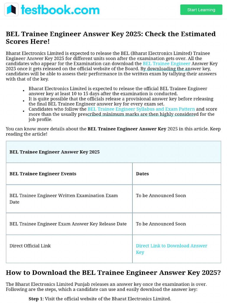 BEL Trainee Engineer Answer Key 2025 - Check The Estimated Scores Here! | PDF