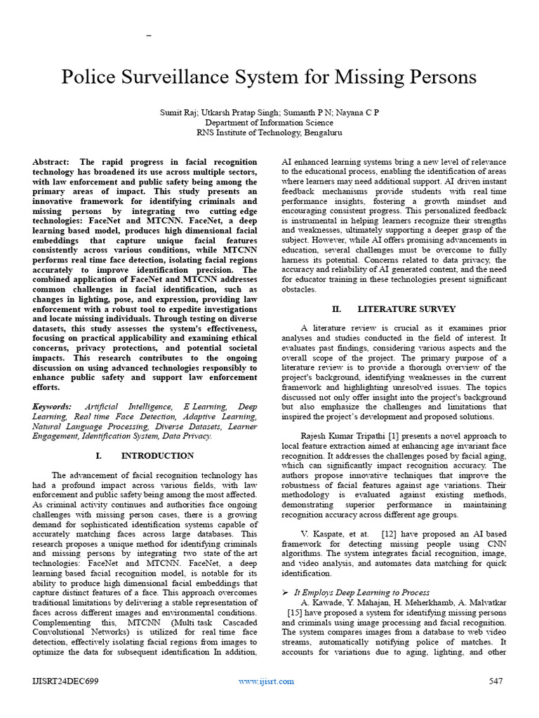 Police Surveillance System For Missing Persons | PDF | Artificial Intelligence | Intelligence ...