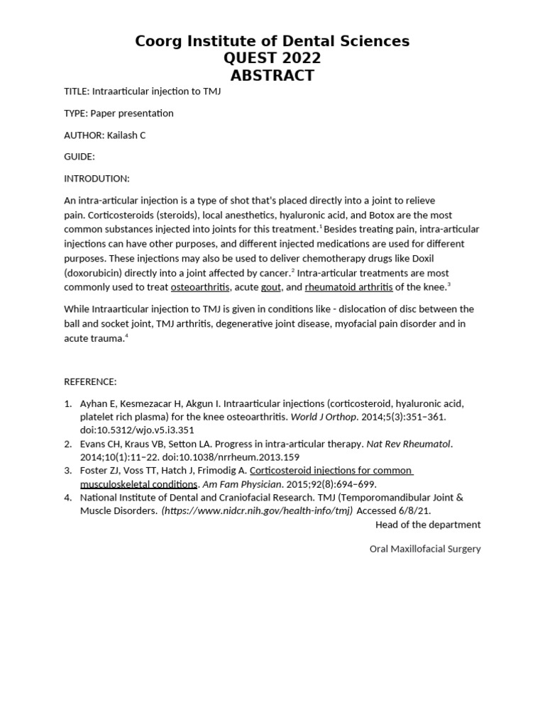 Abstract 2. Intra Articular Injection For TMJ Disorders | PDF