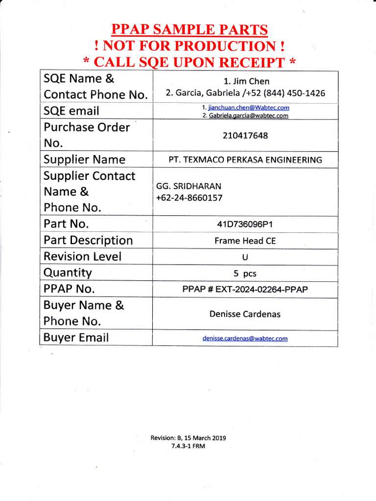 PLACARD PPAP # EXr -2024-O2264-PPAP | PDF