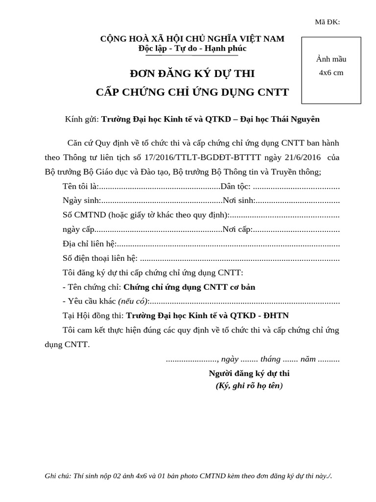 1 Mau Don Dang Ky Du Thi CNTT DHKT 210684543 | PDF