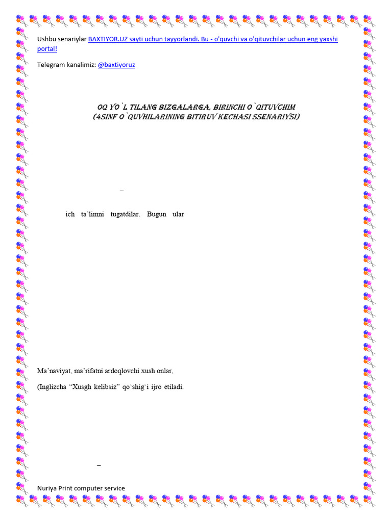 4 Sinf Oquvchilarining Bitiruv Kechasi Senariysi Baxtiyoruz | PDF