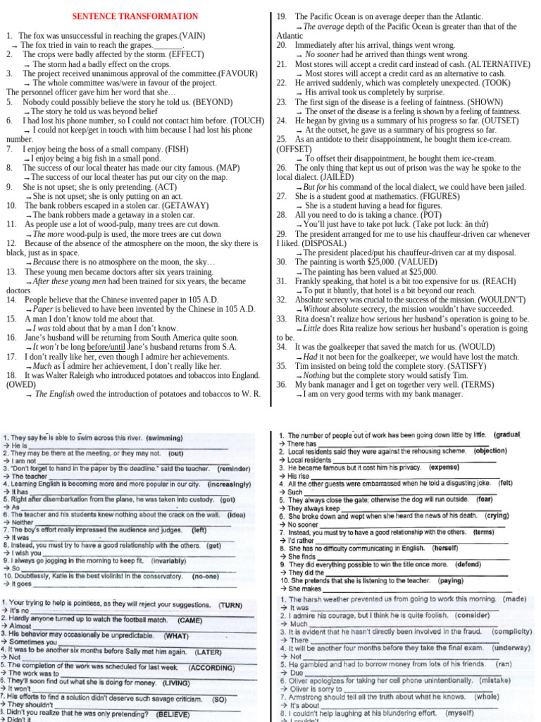 SENTENCE TRANSFORMATION key | PDF