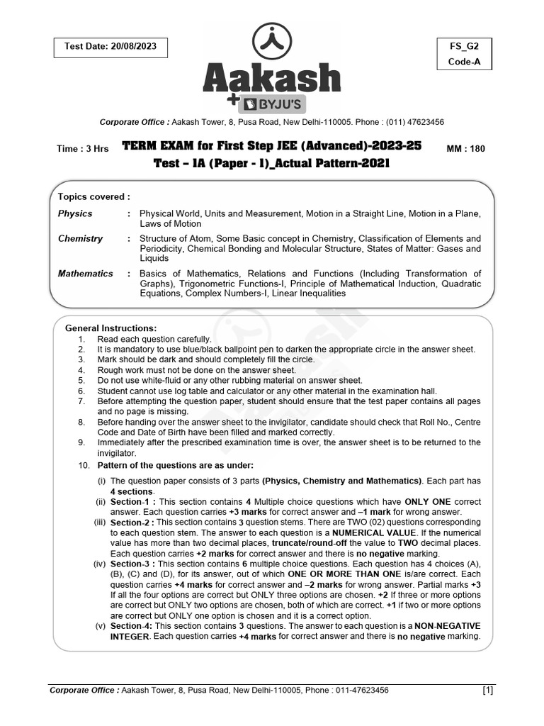 TE_FS_Test-1A_Code-A_G2_Paper-1_(20-08-2022)_FINAL (1) | PDF | Atomic ...