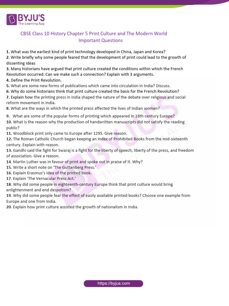 CBSE Class 10 History Chapter 5 Print Culture and The Modern World Important Questions | PDF