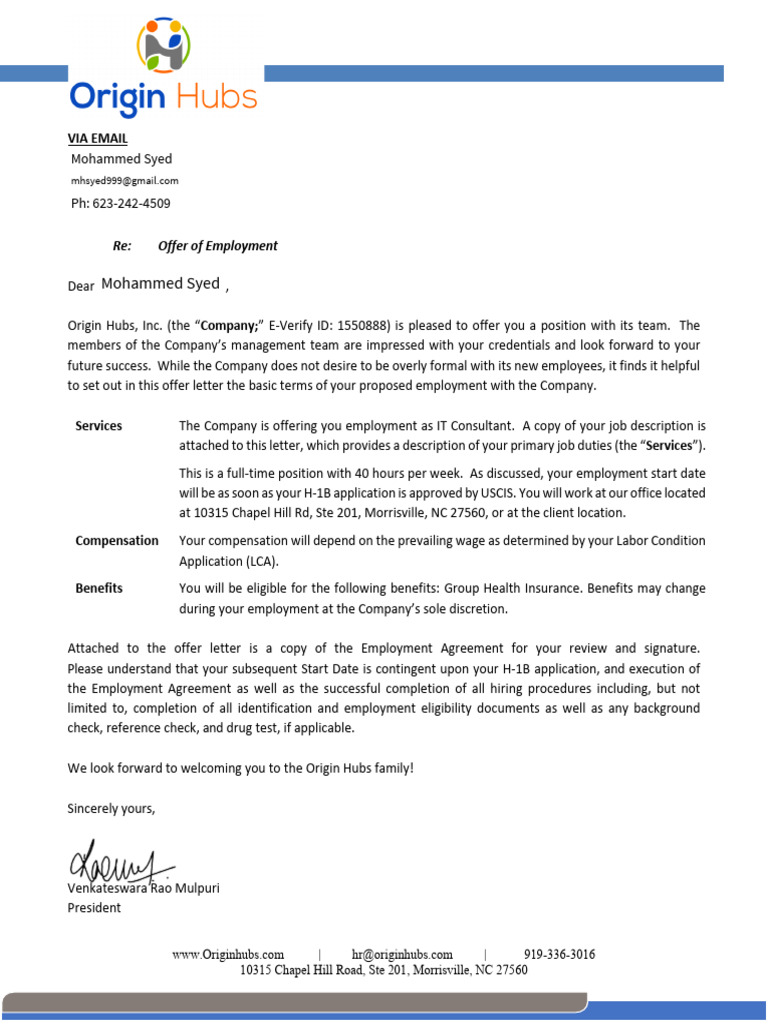 Origin Hubs Employment Offer | PDF | H 1 B Visa | Employment