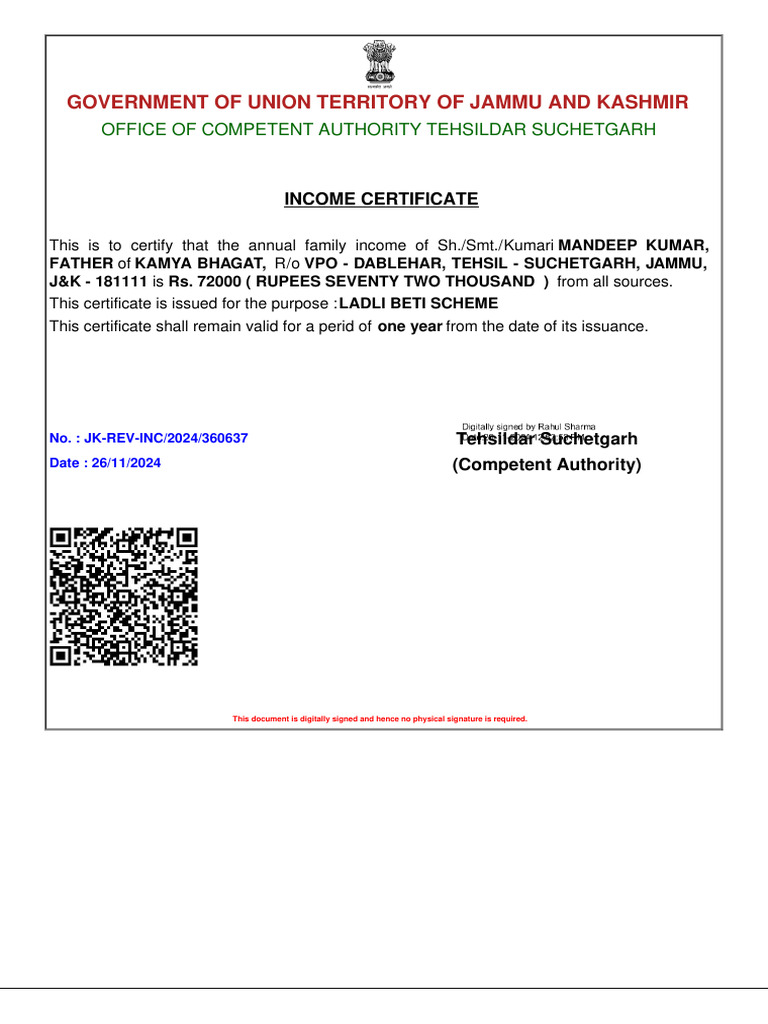 Income Certificate | PDF