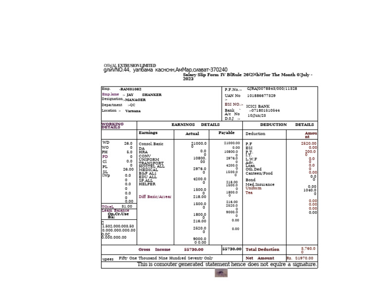July 2023 Salary Slip for Manager | PDF | Taxes | Government Finances