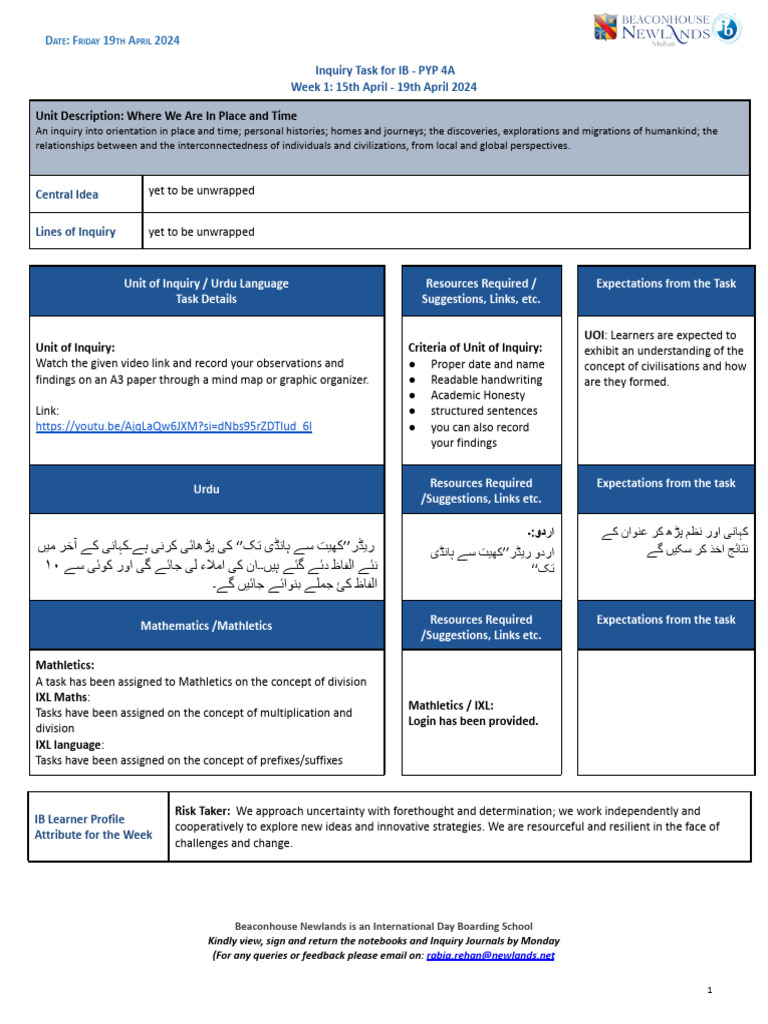 PYP 4A Inquiry Task Overview | PDF | Liberal Arts Education | Cognitive ...