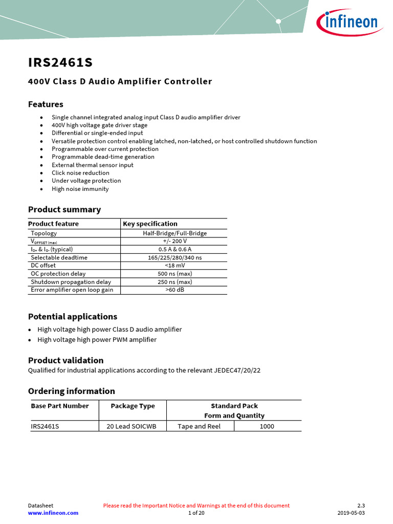 IRS2461S: 400V Class D Amplifier Controller | PDF | Amplifier | Electronics