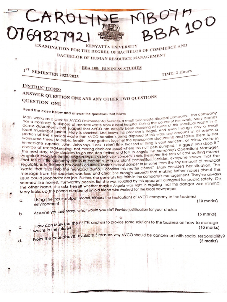 BBA 100 PAST PAPERS BY CAROLYNE MBOYA | PDF