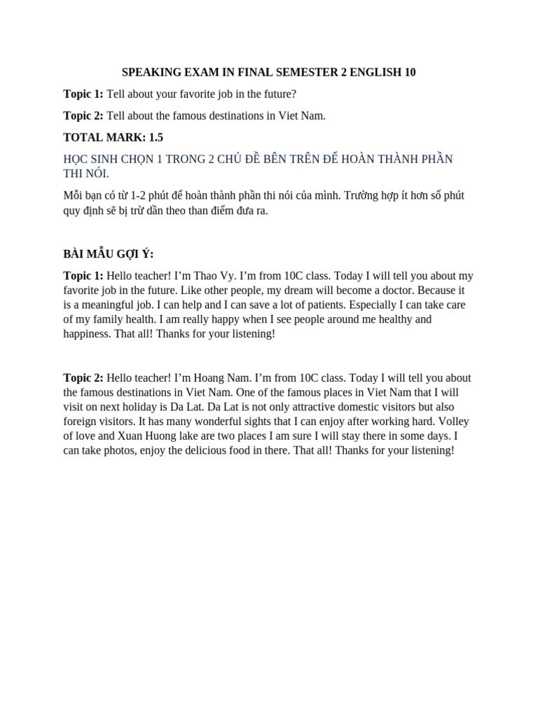 Speaking Exam HK2 | PDF