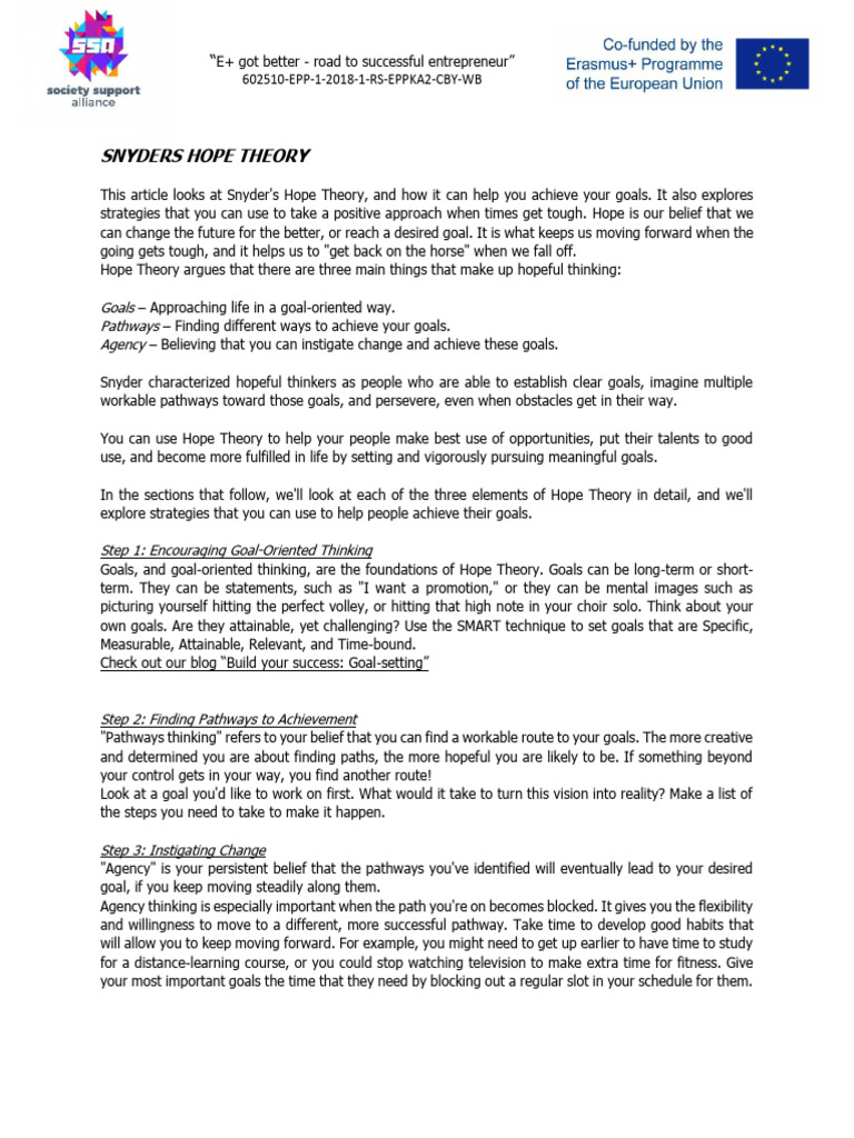 Snyder's Hope Theory for Goal Achievement | PDF | Goal | Hope