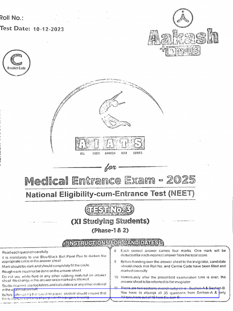 Aiats 3 Code C Tym Batch Que Paper @cet - Jee - Neet | PDF